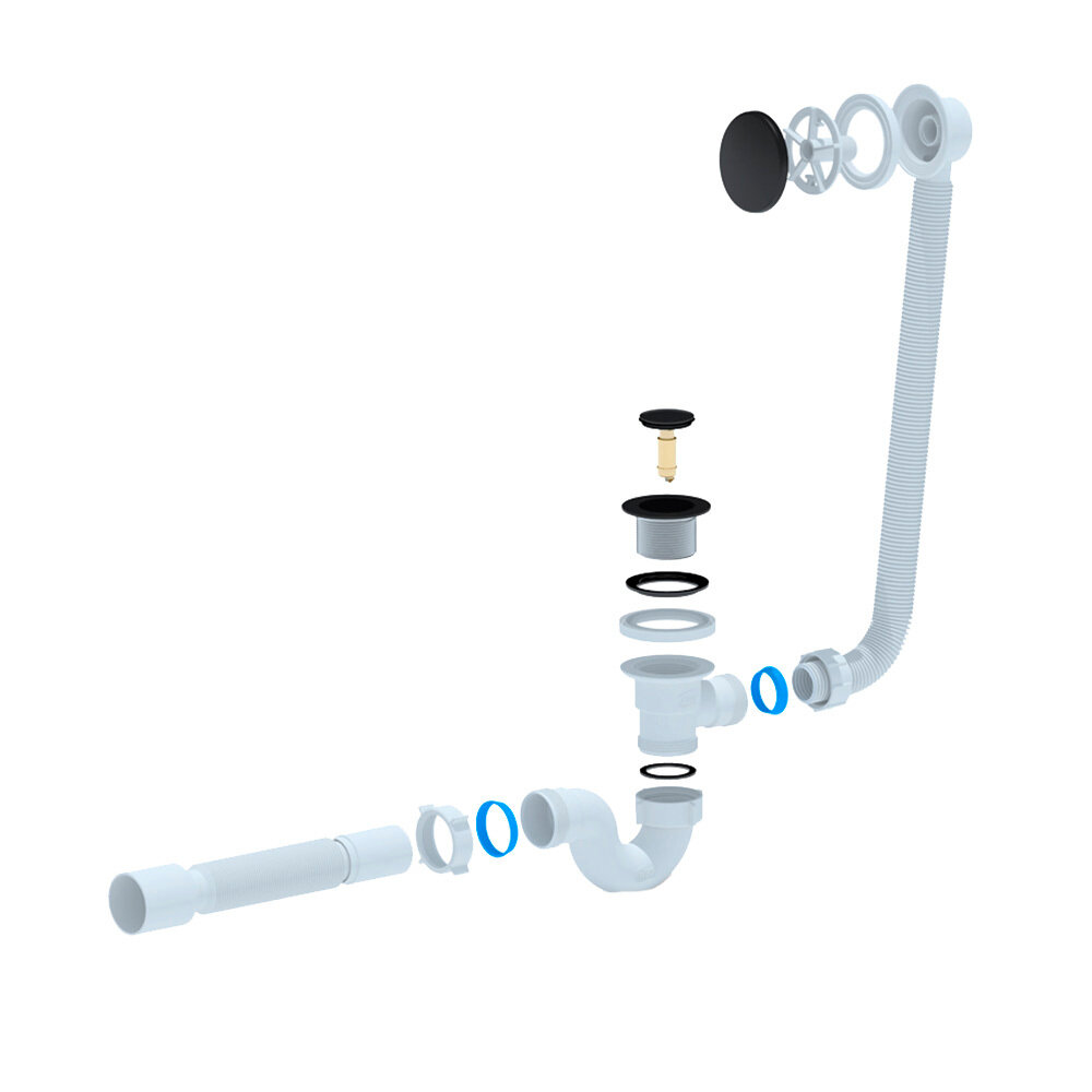 Сифон для ванны АНИ пласт 1 1/2х40 мм проточный слив d50 мм автомат с выпуском клик-клак с соединением 40/50 мм черный (EC155BL)
