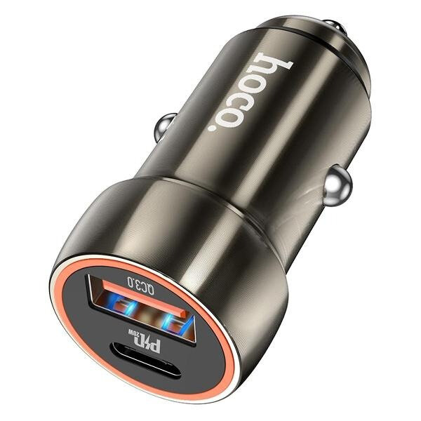 Автомобильная зарядка USB, Type-C Hoco Z46A, QC 3.0, 18W, серый