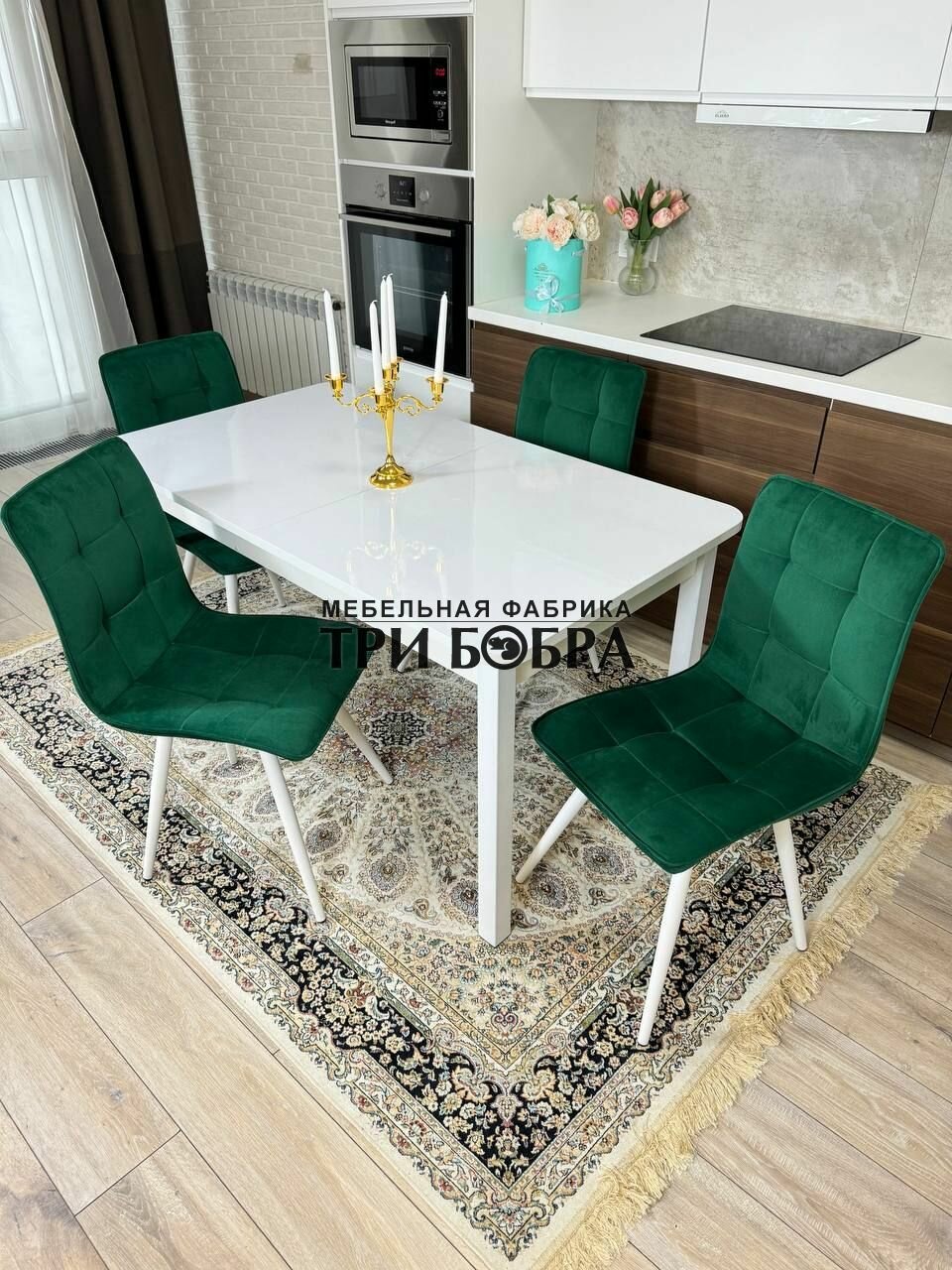 Стол кухонный раздвижной, Белый глянец, стулья для кухни комплект 4 шт