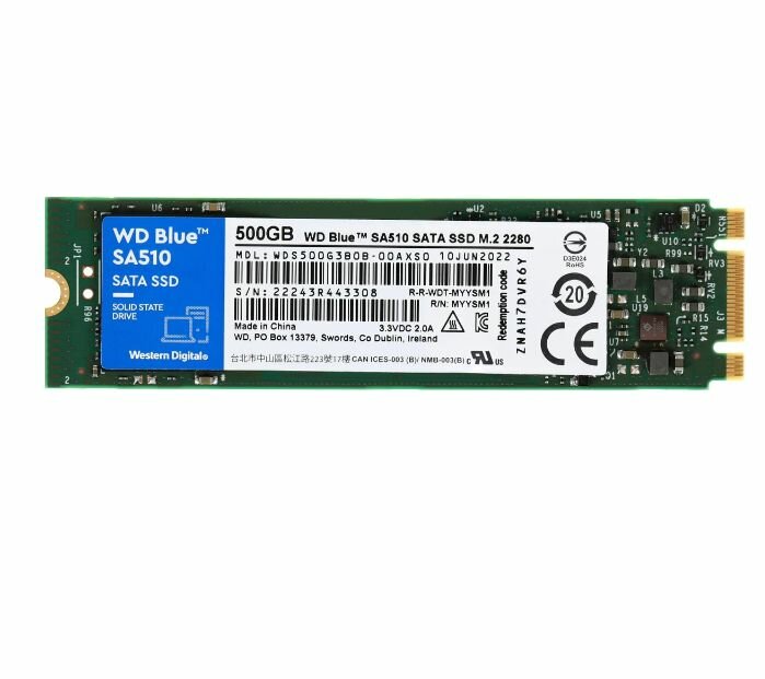500 ГБ SSD M.2 накопитель WD Blue SA510 (WDS500G3B0B) - SATA 3, чтение - 560 Мбайт/сек, запись - 510 Мбайт/сек, 3D NAND, 3 бит TLC