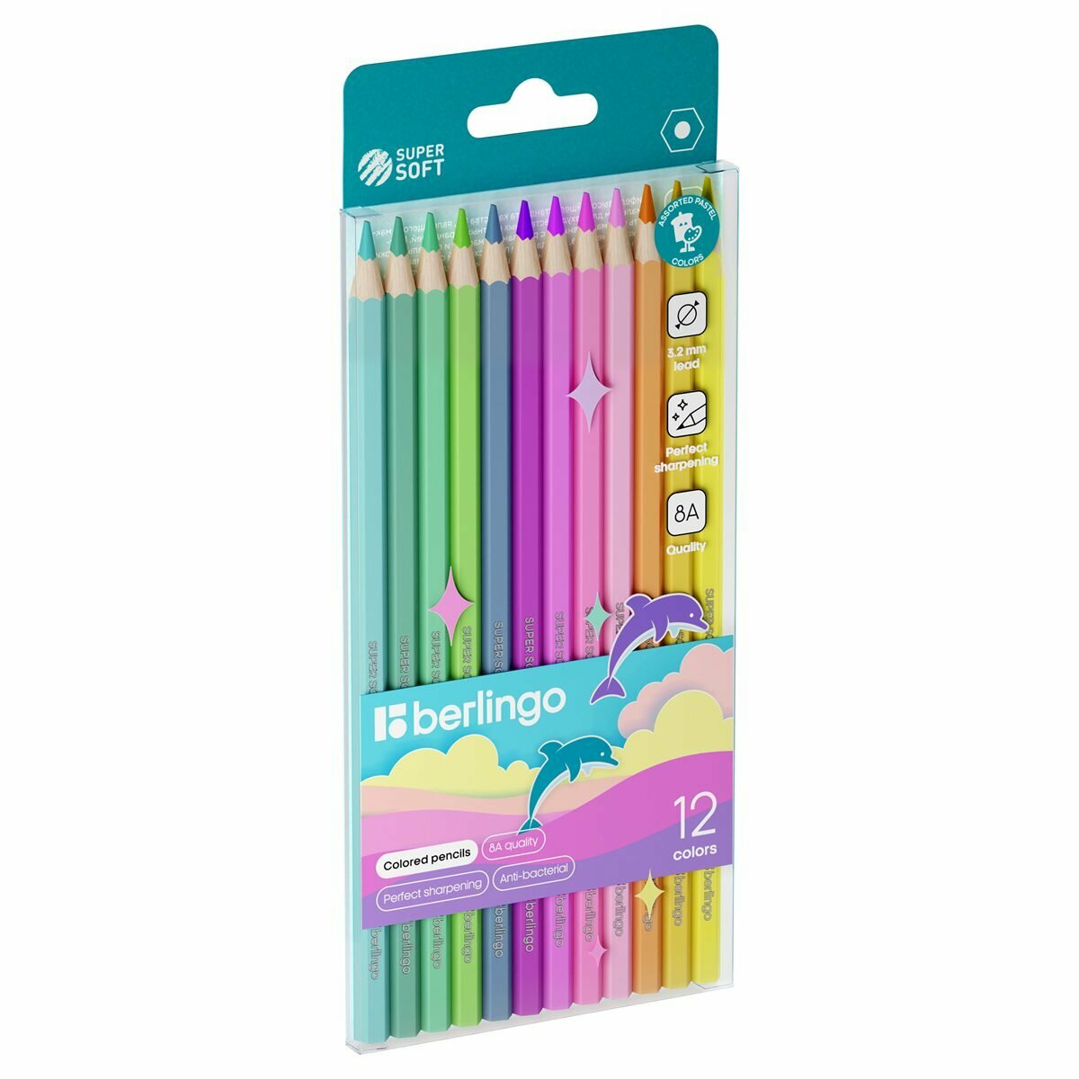 Карандаши цветные 12 цветов Berlingo "SuperSoft. Pastel" (L=180мм, d=3.2мм, 6гр, пастель) пвх-упаковка (SSP0112), 12 уп.