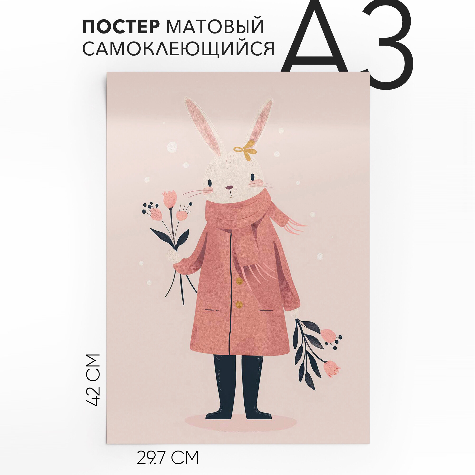 Постеры на стену, детский самоклеящийся A3 Зайчик с цветами, влагостойкий, для декора