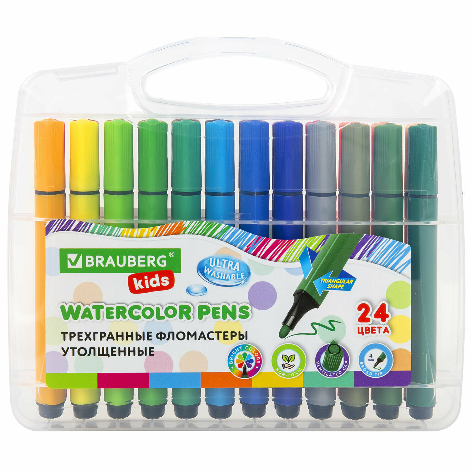 Фломастеры Brauberg Kids, в пластиковом кейсе, трехгранные, утолщенные, ультрасмываемые, 24 цвета