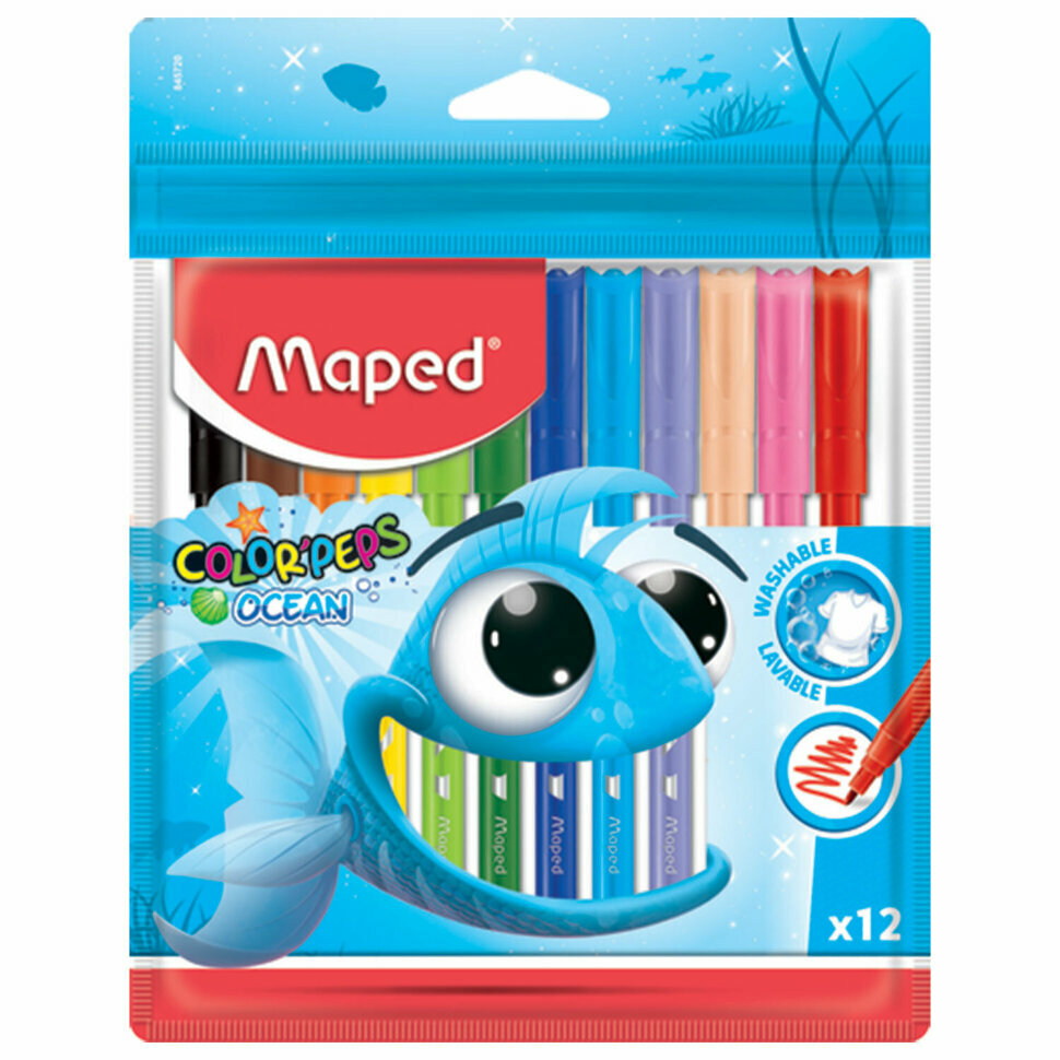 Фломастеры MAPED (Франция) "Color'Peps Ocean", 12 цветов, смываемые, вентилируемый колпачок, упаковка, европодвес, 845720, 150764