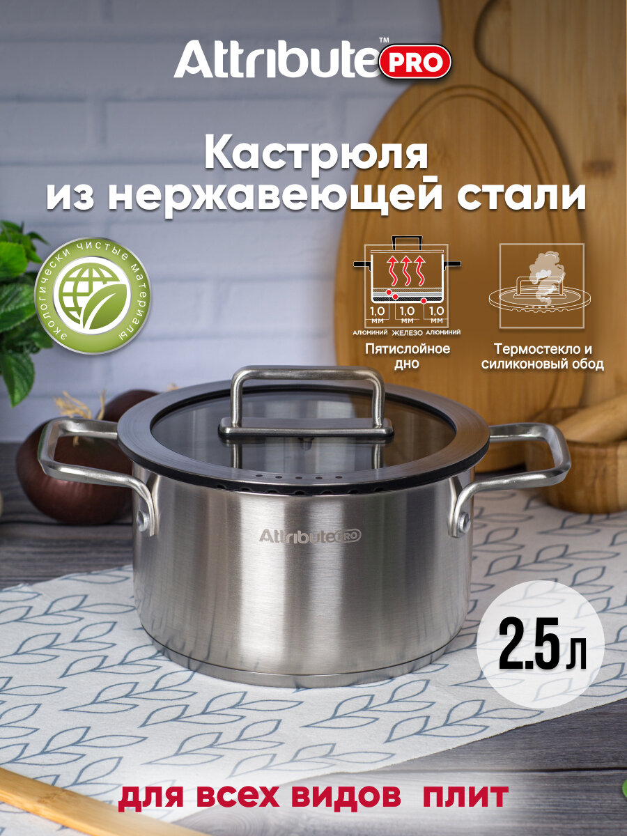 Кастрюля из нержавеющей стали с крышкой ARGENTO 2.5л 18см индукция Attribute PRO