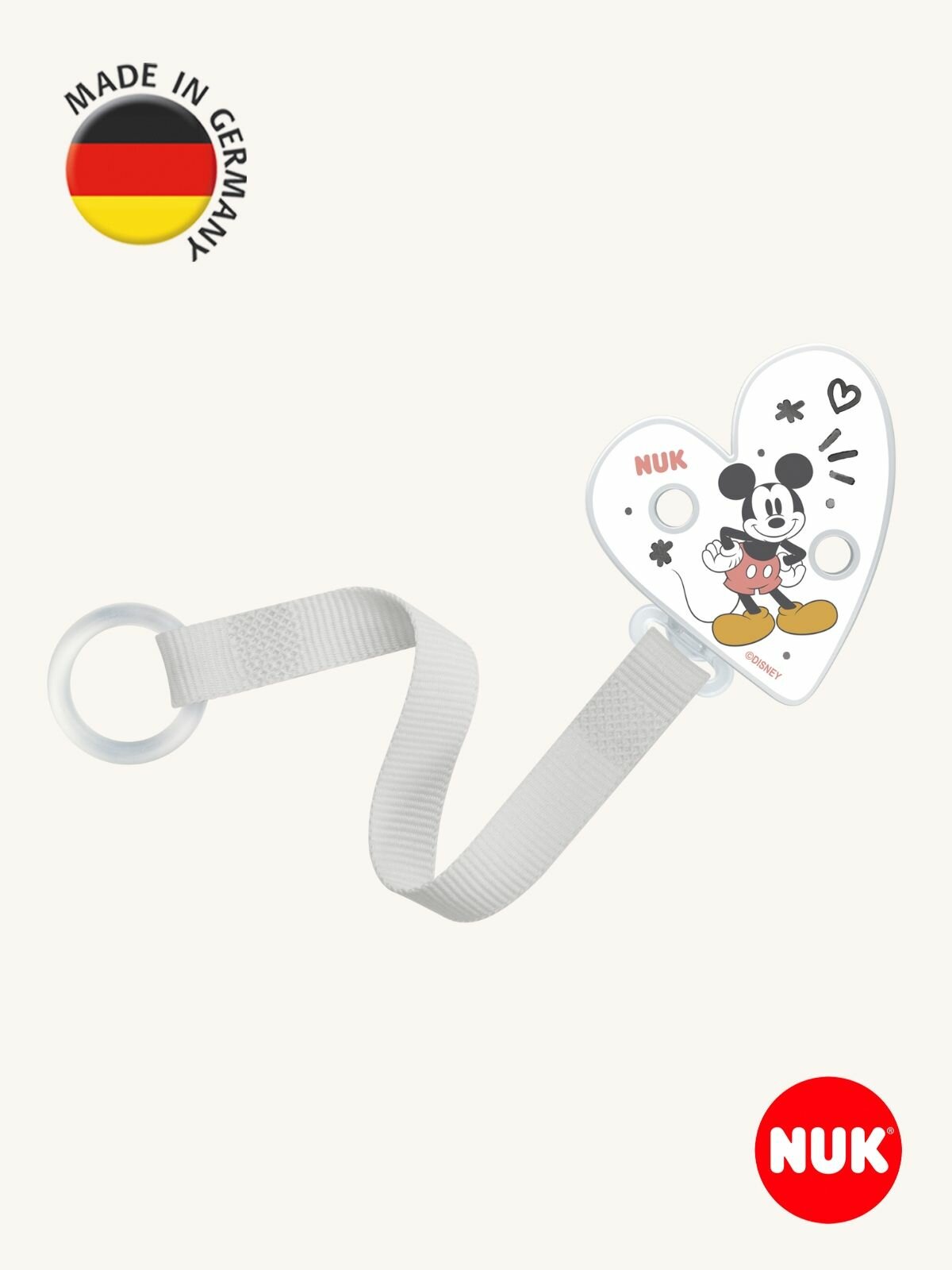 NUK Держатель (Клипса) для соски-пустышки с лентой, Микки Маус