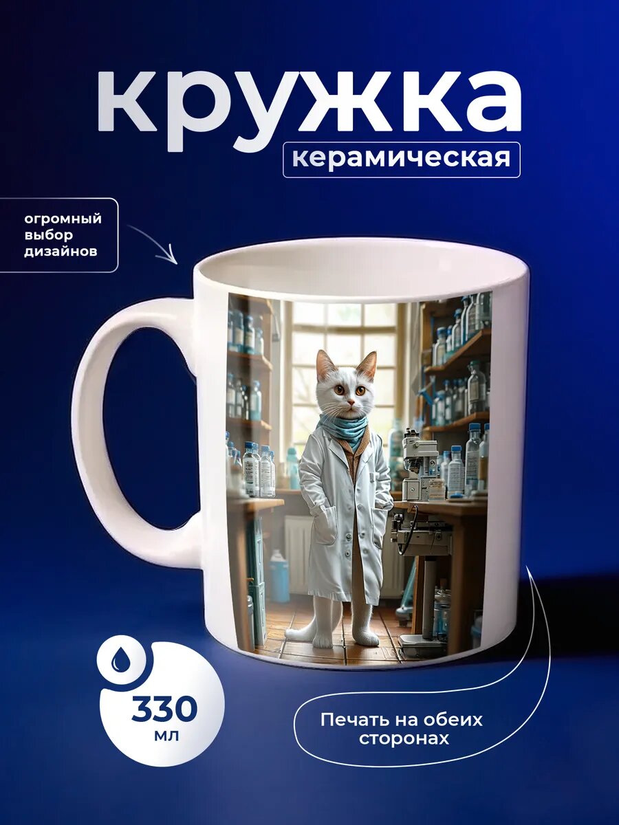 Кружка керамическая PNP NARD, 330 мл, с цветным принтом с котитком, лаборанту