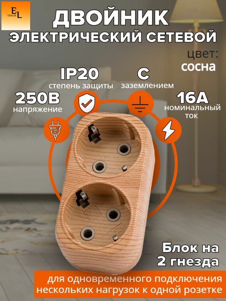 Двойник сетевой электрический, разветвитель 2 гнезда, с заземлением, плоский, 16А, 250 B