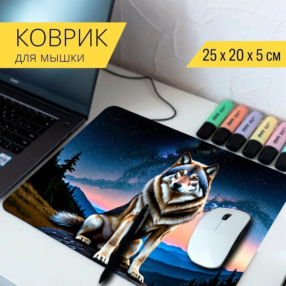 Коврик для мыши с принтом "Изображение величественного волка, сидящего на скале и глядящего на звездное небо с Млечным путем. На фоне — горный пейзаж с лесом и закатом." 25x20см.