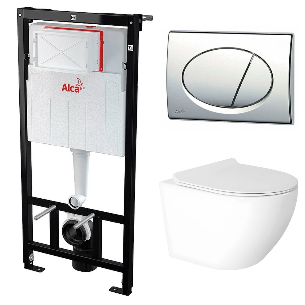 Комплект 3 в 1 инсталляция AlcaPlast AM101/1120-3:1 RU + Подвесной унитаз Enio Indigo с кнопкой белой овал AM101/1120-3:1 RU M70-0001 + EN2870533