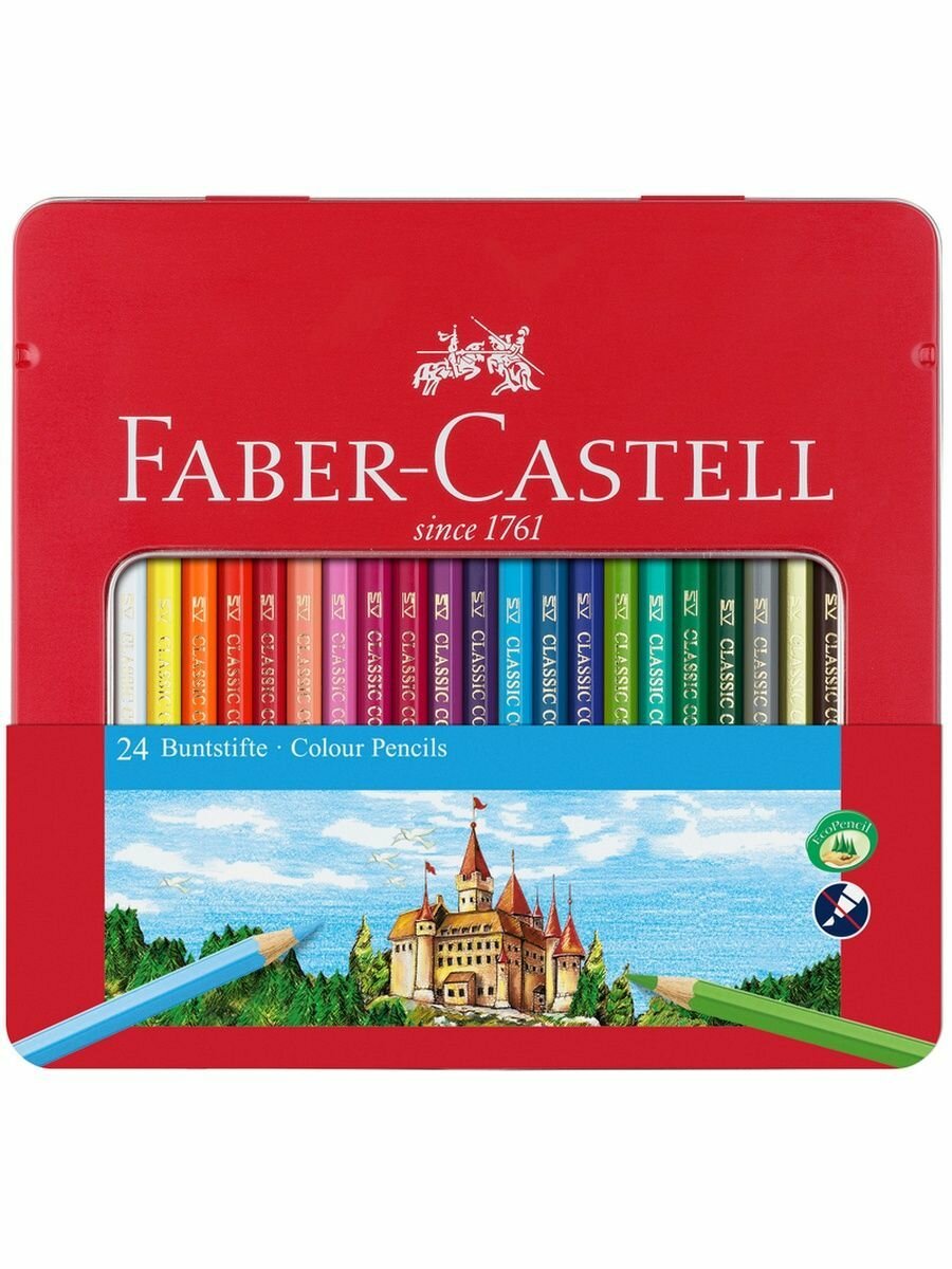 Карандаши цветные Faber-Castell "Замок", 24цв, шестигр, заточ, метал. кор, 115824