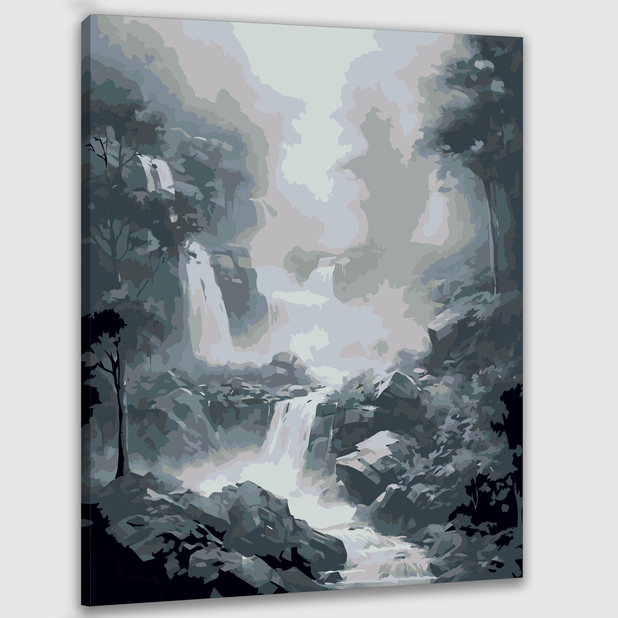 Картина по номерам 40x50 см, картина маслом, водопад, каскад, каменный лес, мазок художника, бегущая вода, синие цвета