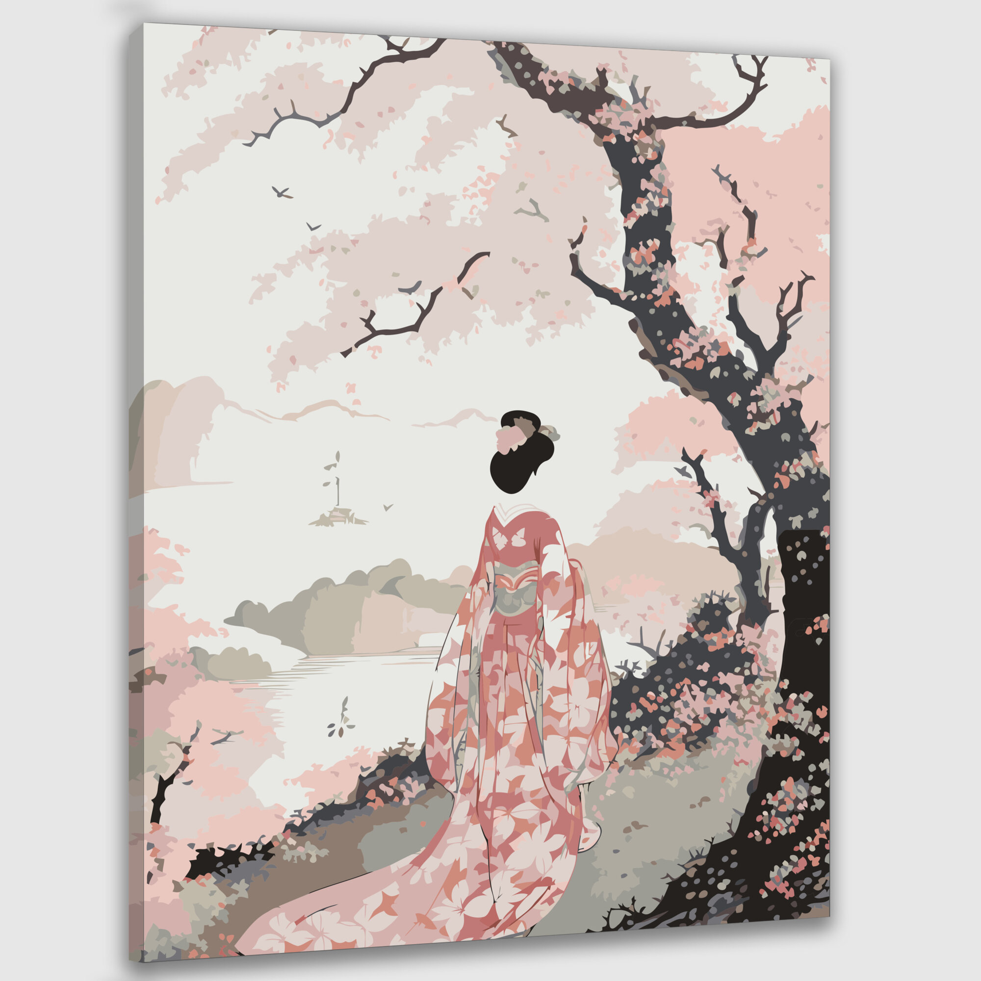 Картина по номерам 40x50 см, гравюра, дерево, гейша, японский сад, элегантность, изящные линии, мягкие цвета, кимоно
