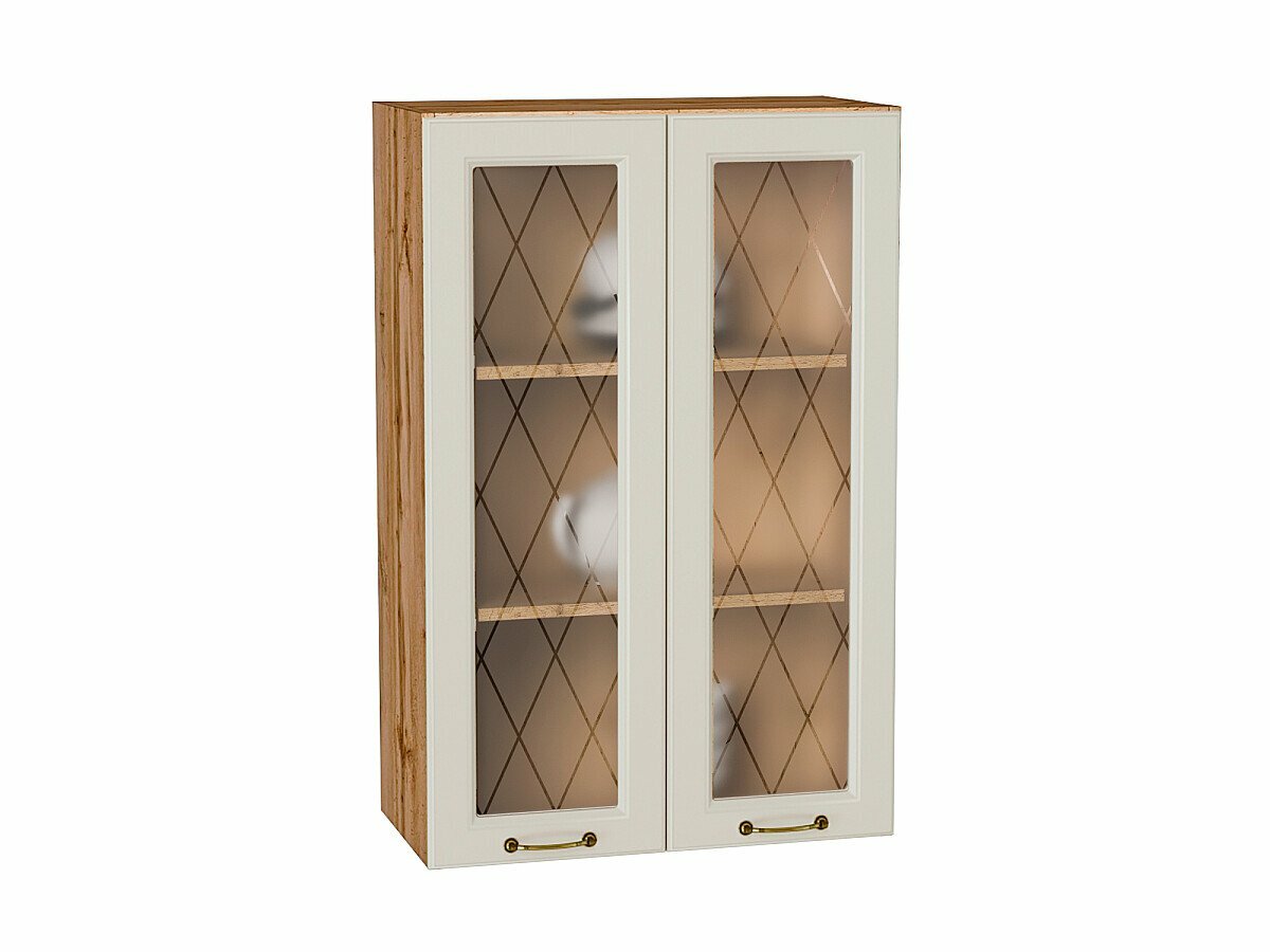 Шкаф верхний с 2-мя остекленными дверцами Ницца, цвет фасада Агат, цвет каркаса Дуб Вотан, стекло White Сrystal, 920*600*318 мм