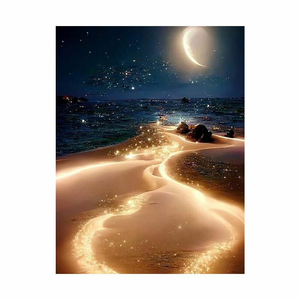 Алмазная мозаика большая картина "Пляжный лунный свет" 30х40 см со светящимся в темноте стразами и 5Д элементами