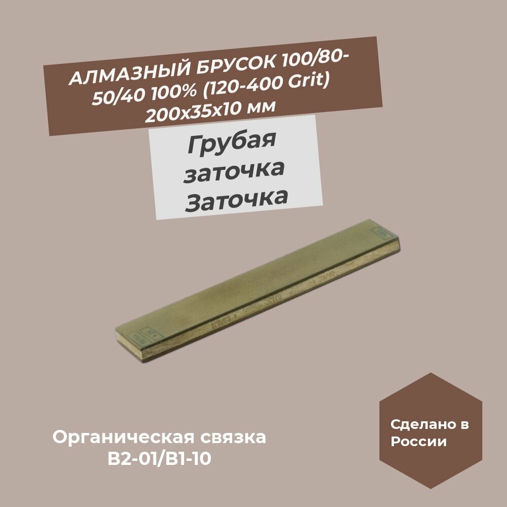 Алмазный брусок 200х35х10 100/80 (120 Grit) -50/40 (400 Grit) 100%