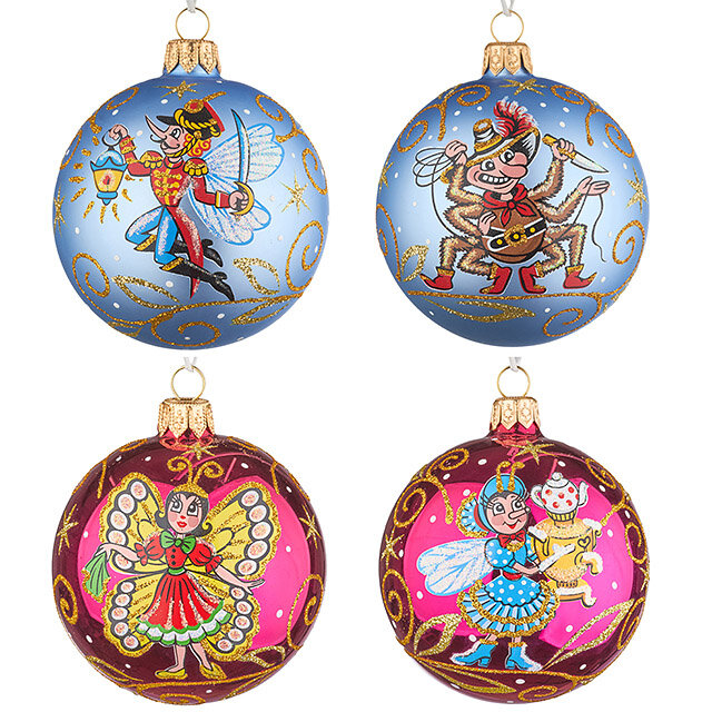 Набор стеклянных елочных шаров Муха-Цокотуха 8 см, 4 шт, Фабрика Елочка, С2416