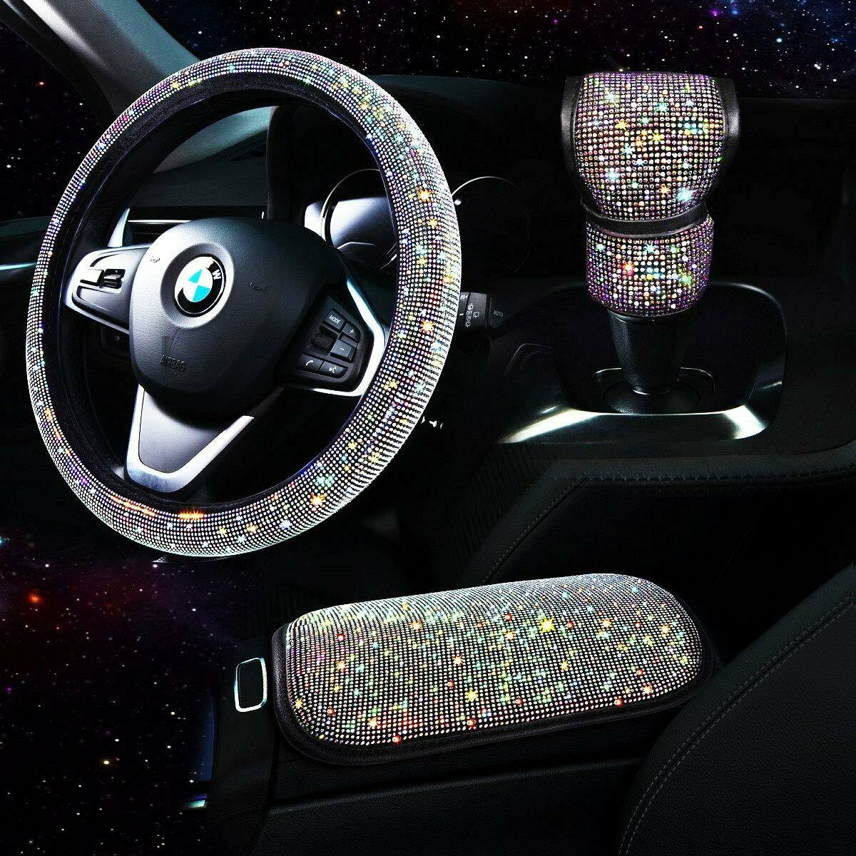 Набор из 3х предметов: оплетка, чехол и накладка для салона авто со стразами, разноцветный