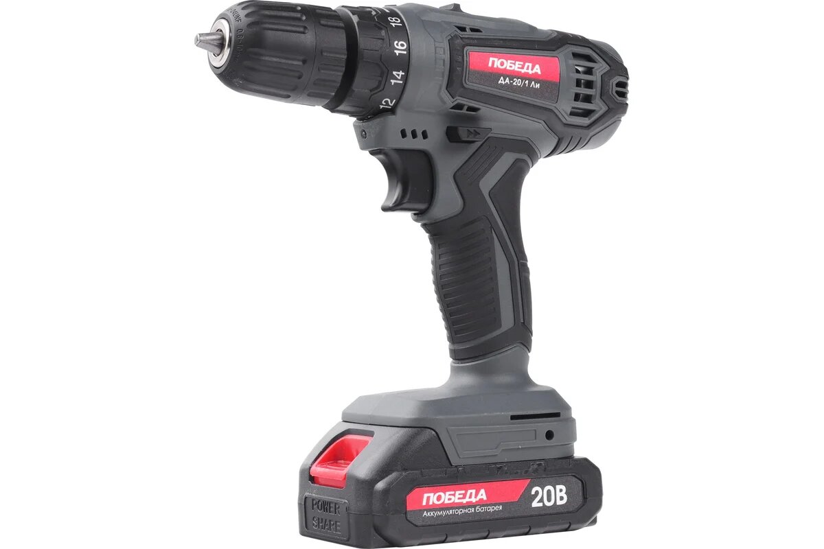 Аккумуляторная дрель-шуруповерт победа ДА-20/1 Ли, 20В, 2,0Ач, 1 АКБ, 38Нм, кейс 180201700