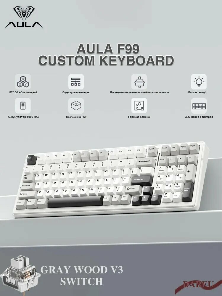 AULA Игровая клавиатура беспроводная Беспроводная механическая клавиатура Aula F99, 98%, Bluetooth 5.0, 2.4Ghz, USB Type-C, Подарок: стикеры на русском языке, Английская раскладка, белый, светло-серый