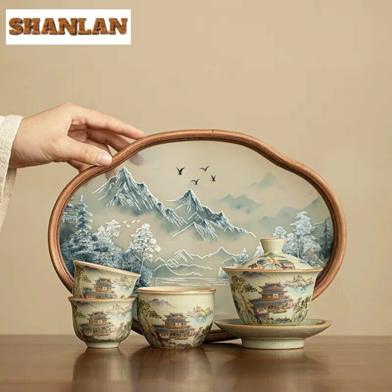 Трехцветный керамический чайный сервиз