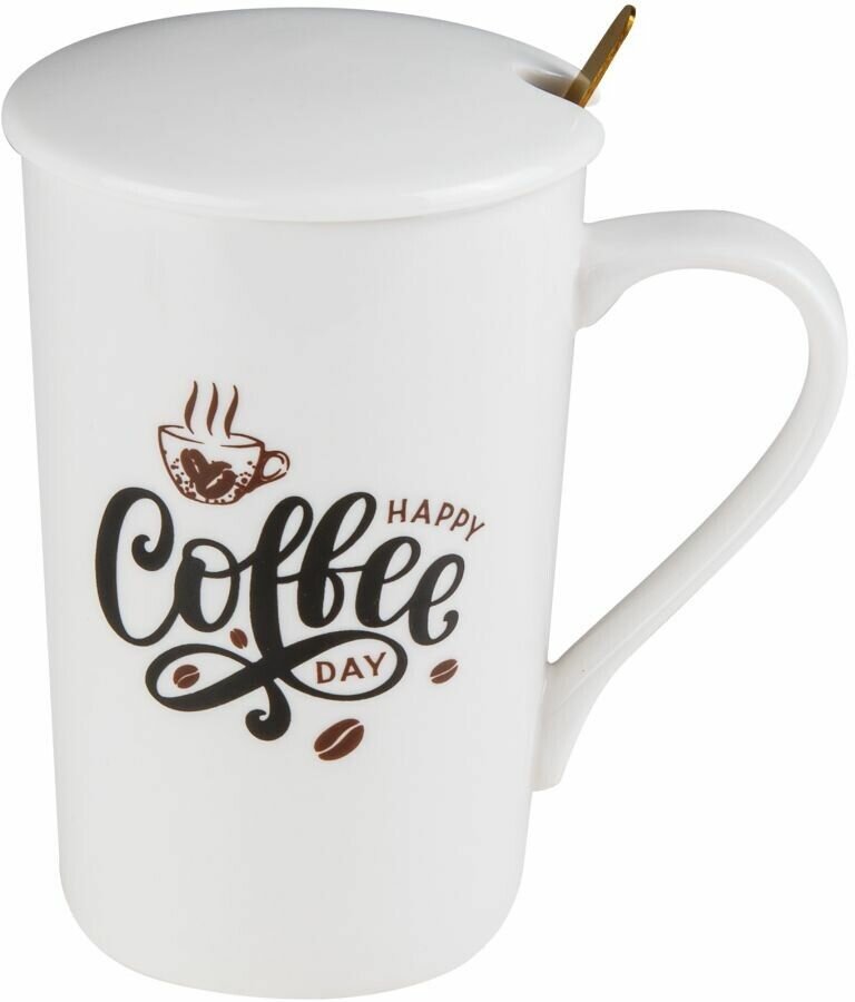 Кружка керамическая с крышкой и ложкой PERFECTO LINEA Coffee Day 350 мл (17-350701)