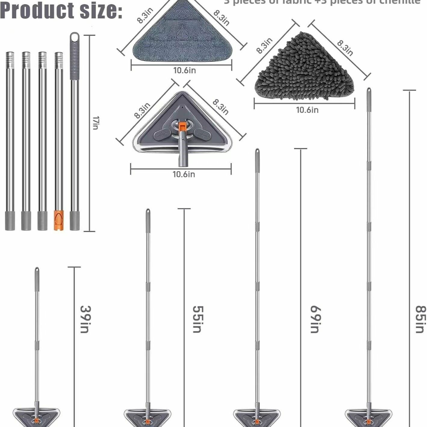 Многофункциональная треугольная швабра с длинной регулируемой ручкой и моющими насадками из микрофибры, рандомный цвет
