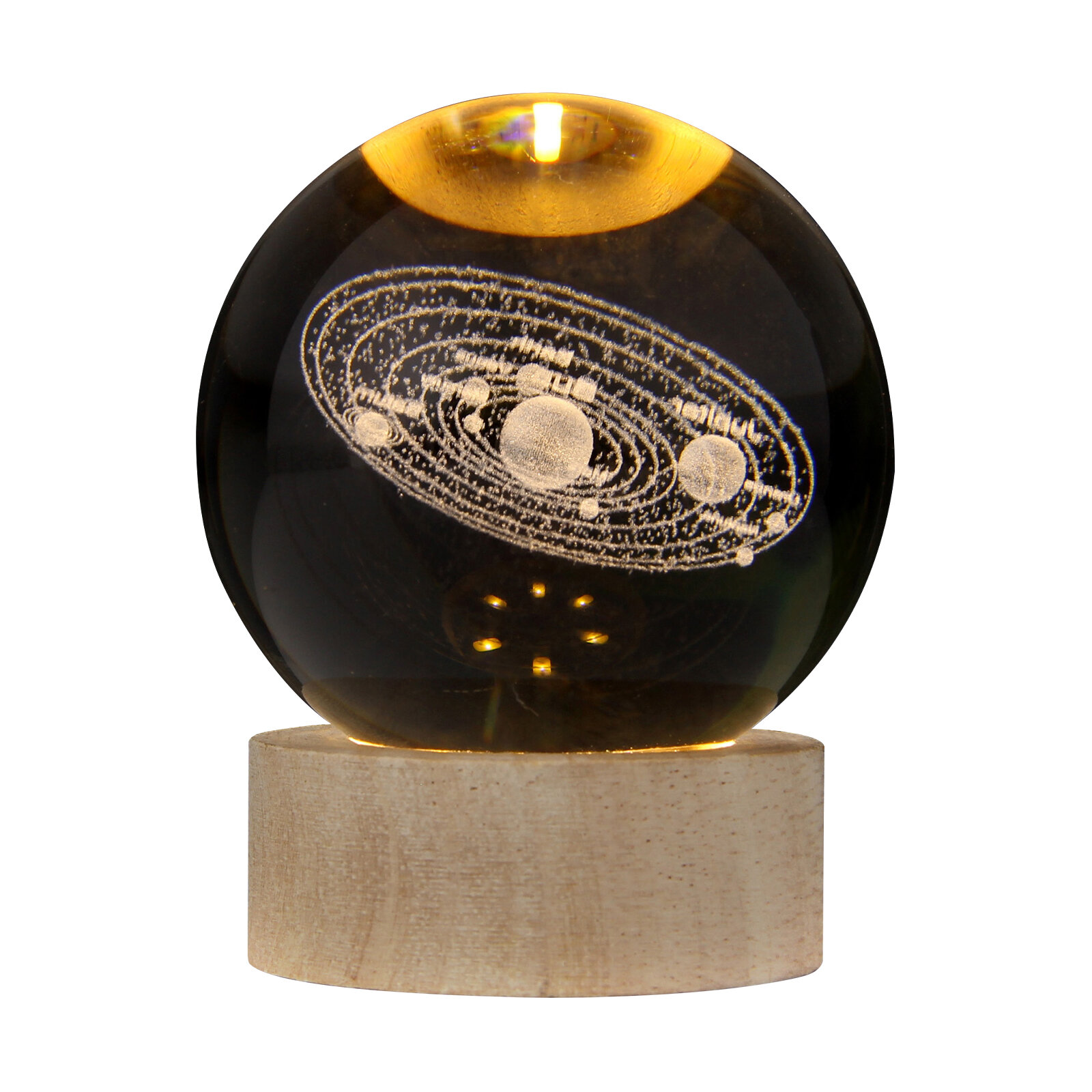 Кристаллическая Шар 3D с деревянным основанием, маленький ночной свет, настольная декорация, украшение, праздничный подарок, USB, подключение и использование, материал: кристалл, дерево, стиль кристаллической шара: кольцевая Солнечная система, Солнечная
