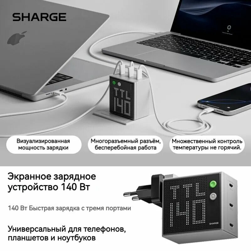 Sharge Pixel 100W/140W Зарядное устройство из нитрида галлия, многопортовое быстрое зарядное устройство type-c pd