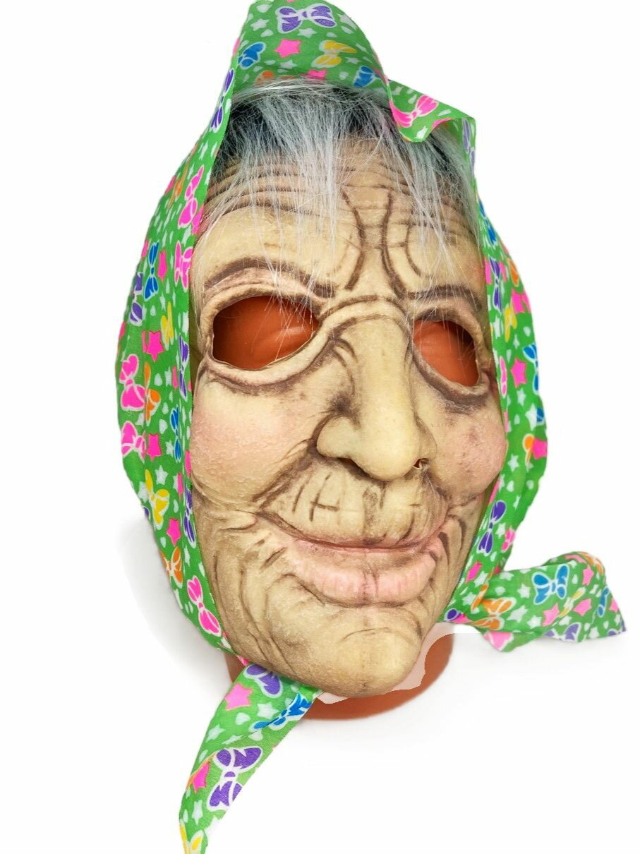 Маска I-Brigth "Бабушка в зеленом платке", бежевая, карнавальная, регулируемые ремни