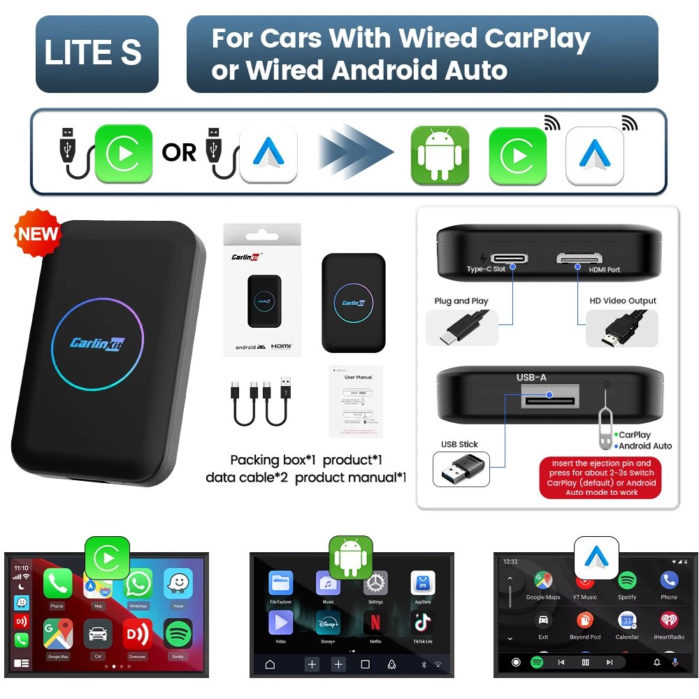 CarlinKit 2026 Android AI Box С Беспроводным CarPlay И Android Auto, Поддержкой HDMI, HDMI LITE S