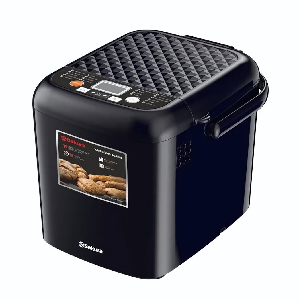 Хлебопечь "SA-7508" 19 программ, 16 вариантов корочки, пластик, 500Вт, чёрная, 500/600г, компактная, цифровой дисплей