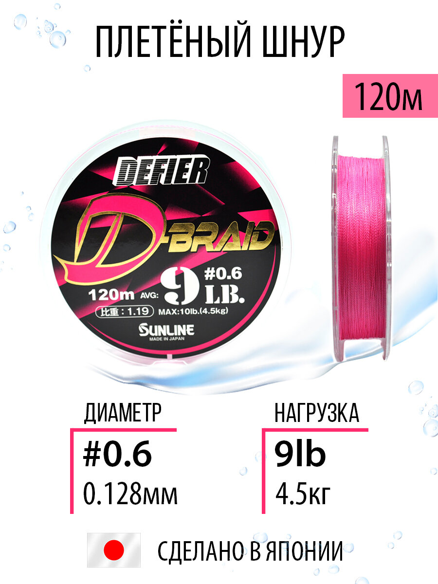 Плетёный шнур Sunline Shooter Defier D-Braid Pink 120m #0.6/9lb