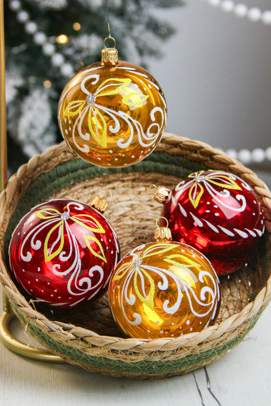 Набор стеклянных шаров флора, золотой с красным, 4х75 мм, Елочка С594-зол-кр