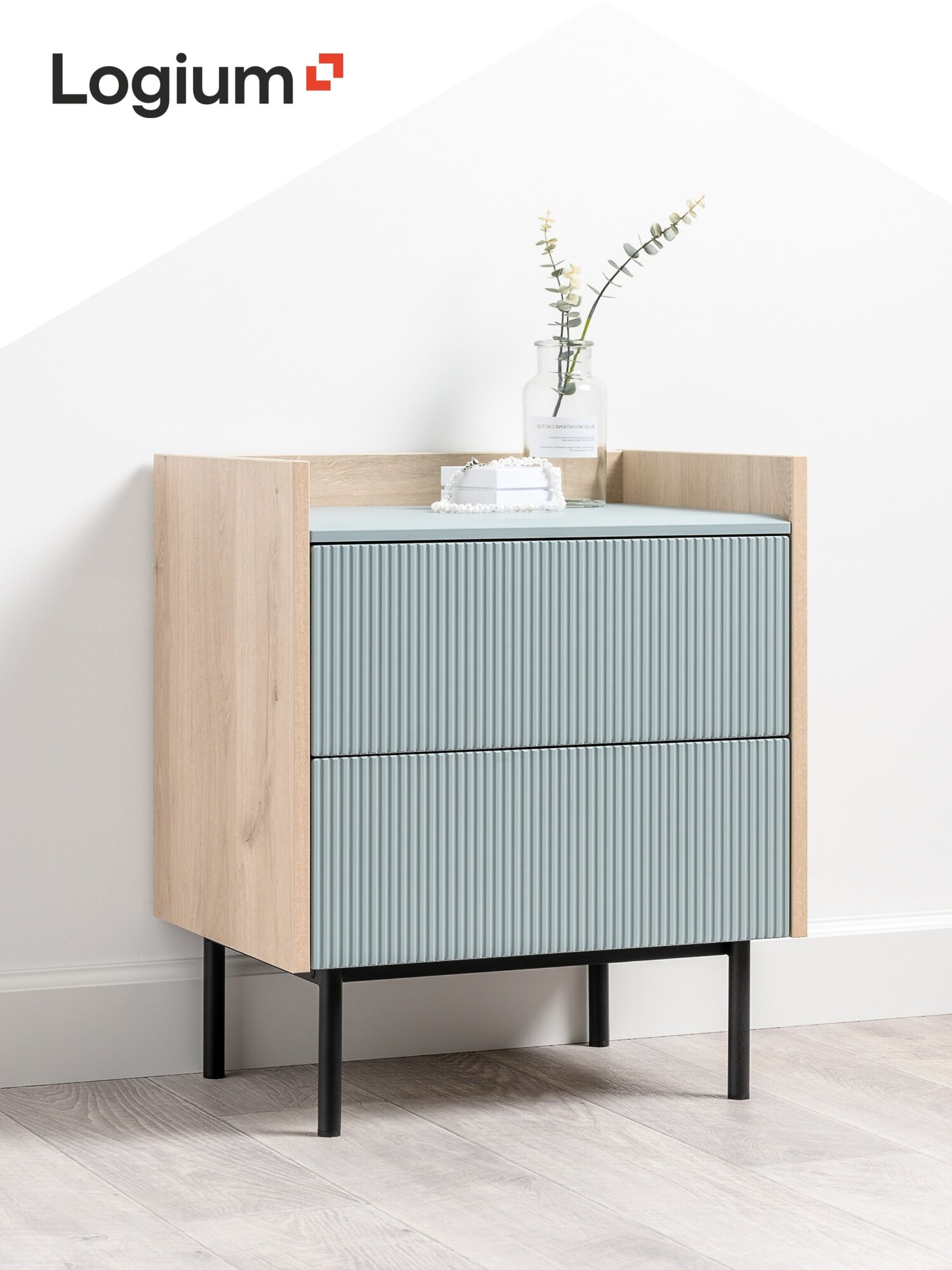 Тумба прикроватная с ящиками напольная 50 х 36,5 х 58,5см, Наоми 16.11.04, Дуб Белый exclusive, Сумеречный голубой