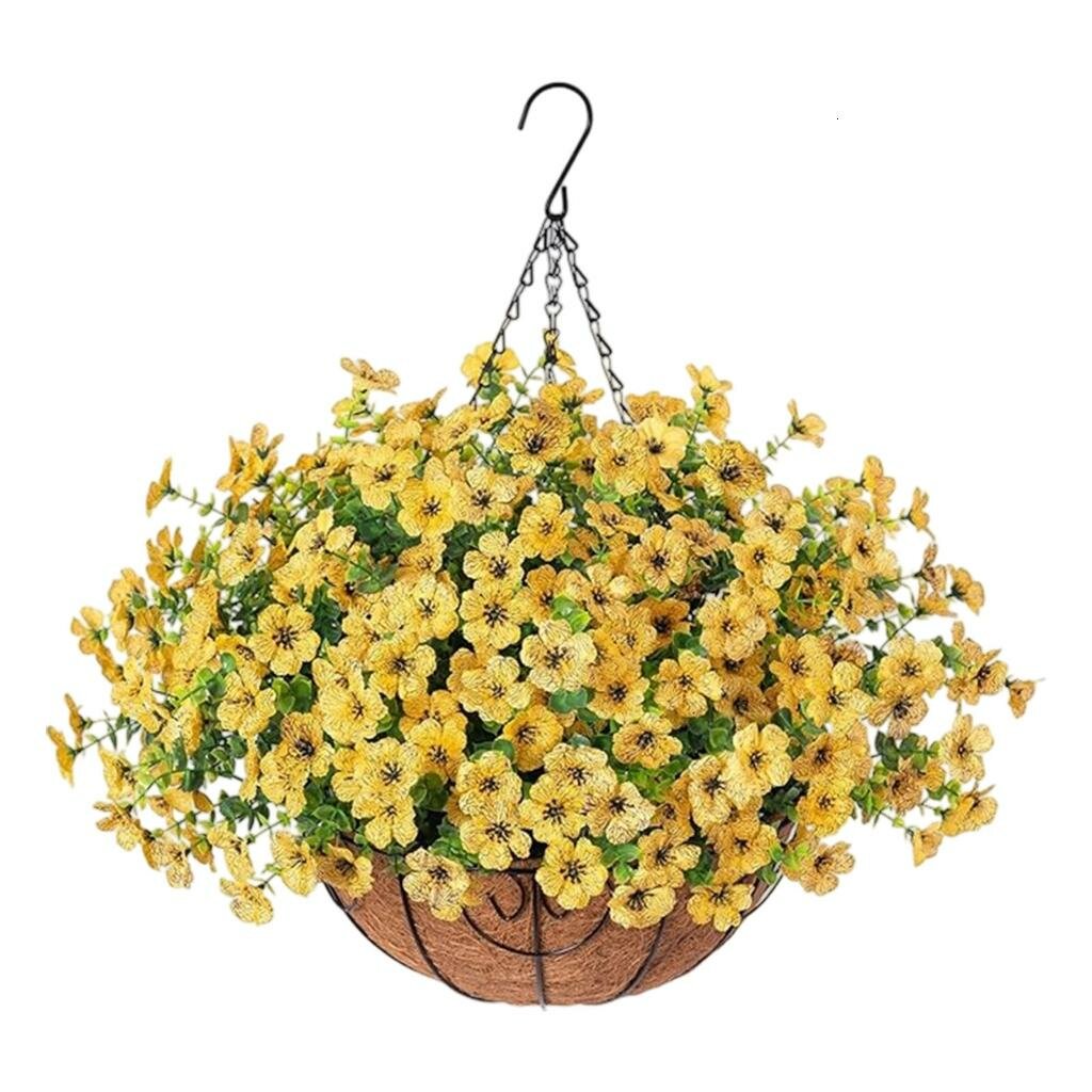 Искусственные фиалки в кокосовом подвесном кашпо, Желтый