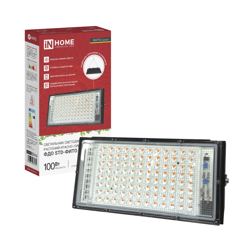 Фитопрожектор для растений светодиодный ФДО std-фито красно-синий спектр 100Вт IP65 черный IN HOME
