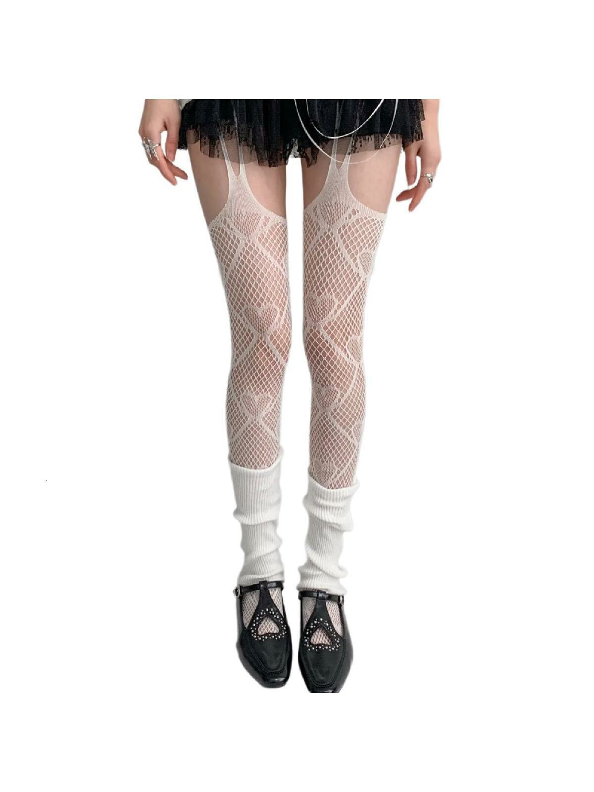 Сексуальные чулки-сетка с сердечками, Молочно - белый