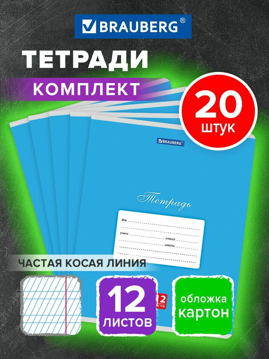 Тетрадь в частую косую линейку 12 листов для школы набор 20 штук, обложка картон, синяя, Классика тетрадь в линейку школьная тетрадь комплект тетрадей набор тетрадей