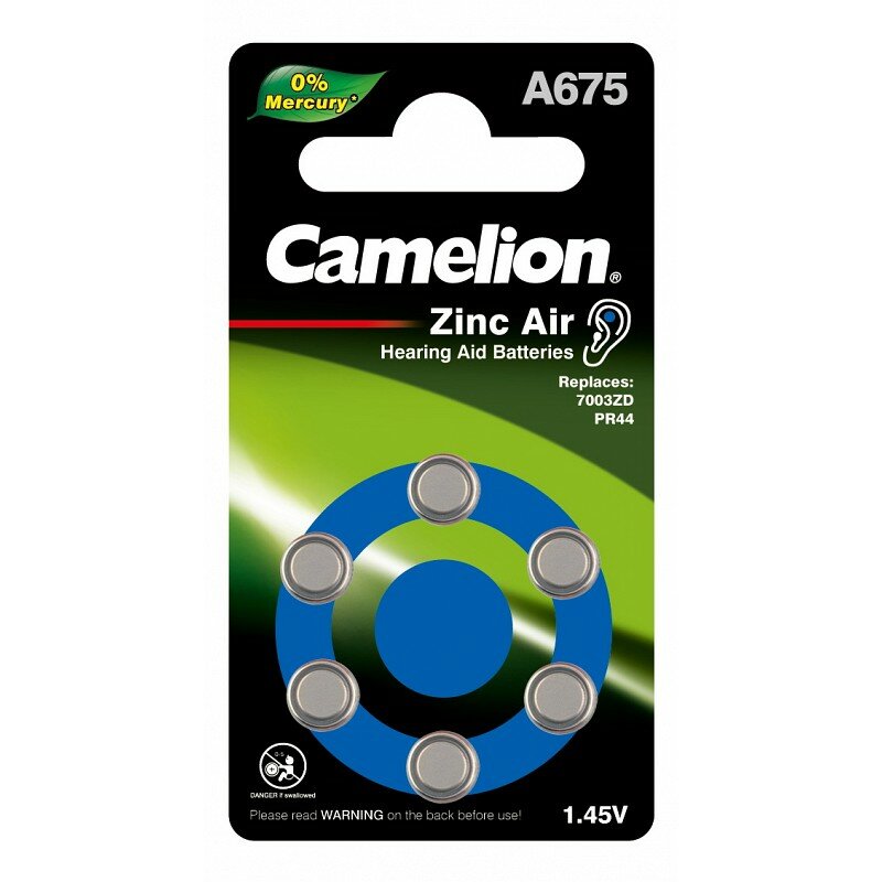 Camelion ZA675 BL-6 Mercury Free (A675-BP6(0%Hg), PR44 батарейка для слуховых аппаратов, 1.4V) (упак. 6 шт.), цена за 1 упак.