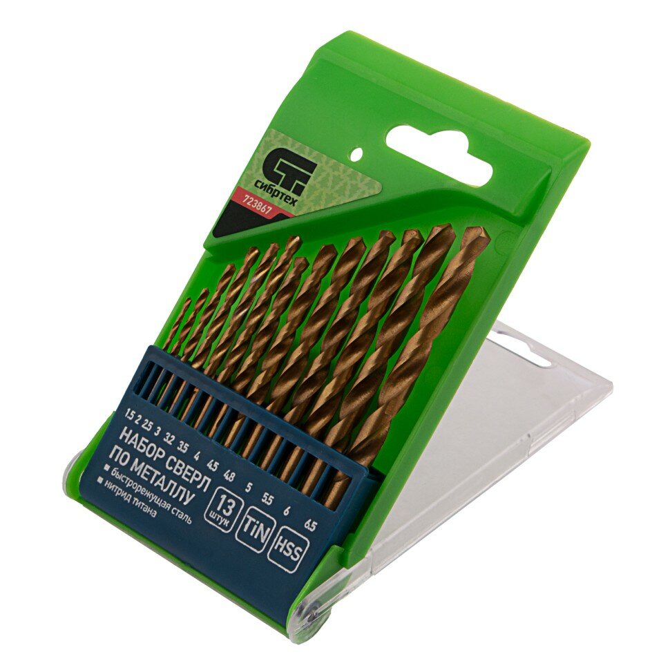 СИБРТЕХ Набор нитридтитановых сверл по металлу, 1,5-6,5 мм. (через 0,5 мм.+3,2 мм, 4,8 мм.), НSS, 13 шт Сибртех, ( 723867 )