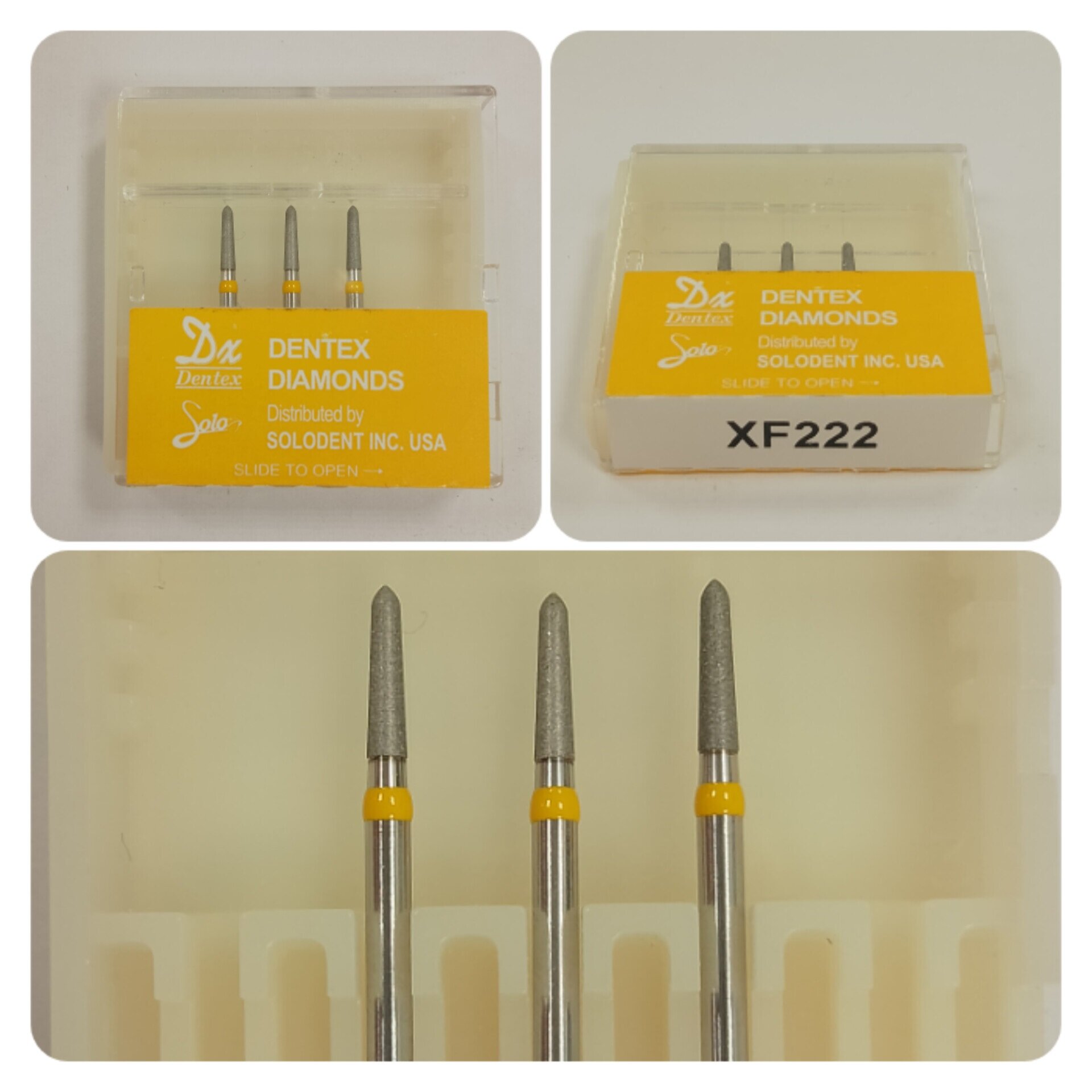Боры стоматологические алмазные Dentex турбинные конус с усеченным концом XF 222 размер 016, желтая насечка, 3 штуки