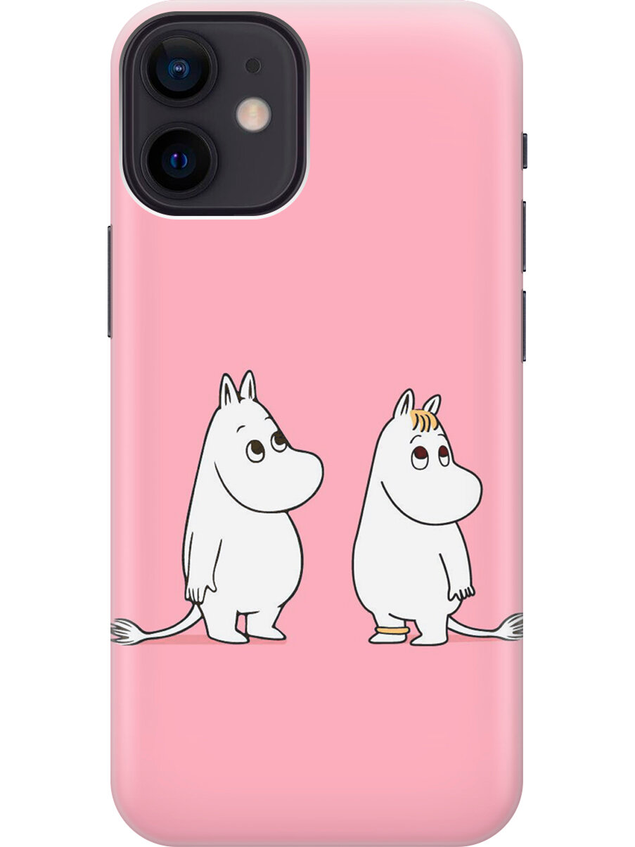 Силиконовый чехол на Apple iPhone 12 Mini / Эпл Айфон 12 мини с рисунком "Муми-тролли на розовом"