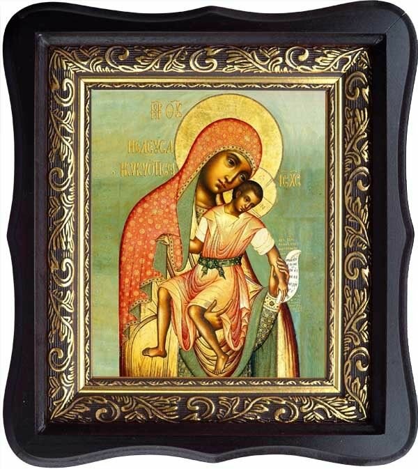 Икона Божией Матери Киккская (Киккотисса) "Милостивая" (Елеуса) на холсте. (17 х 21 см / В деревянном киоте под стеклом).