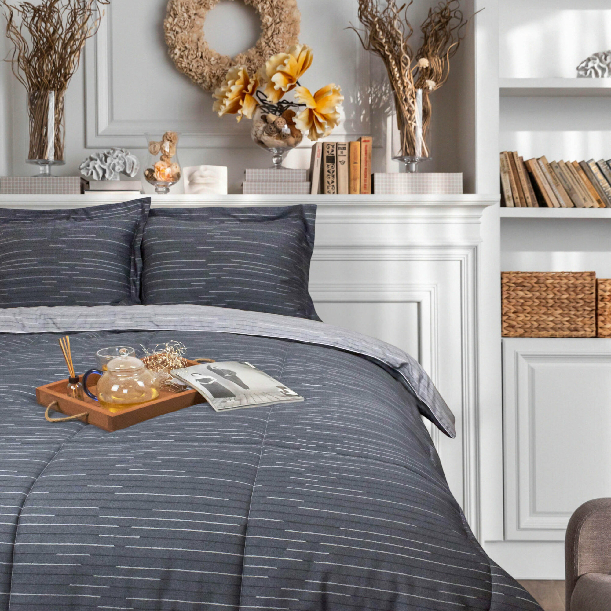 Постельное белье синее евро с одеялом 200х220 см Cleo Notte Bianca сатин, полоска