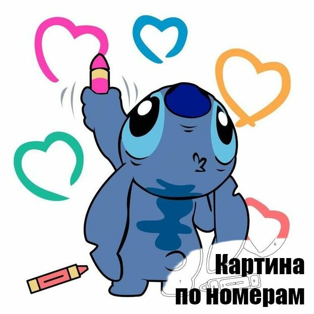 Картина по номерам на дереве 23х23 см - Лило и Стич, сердечки