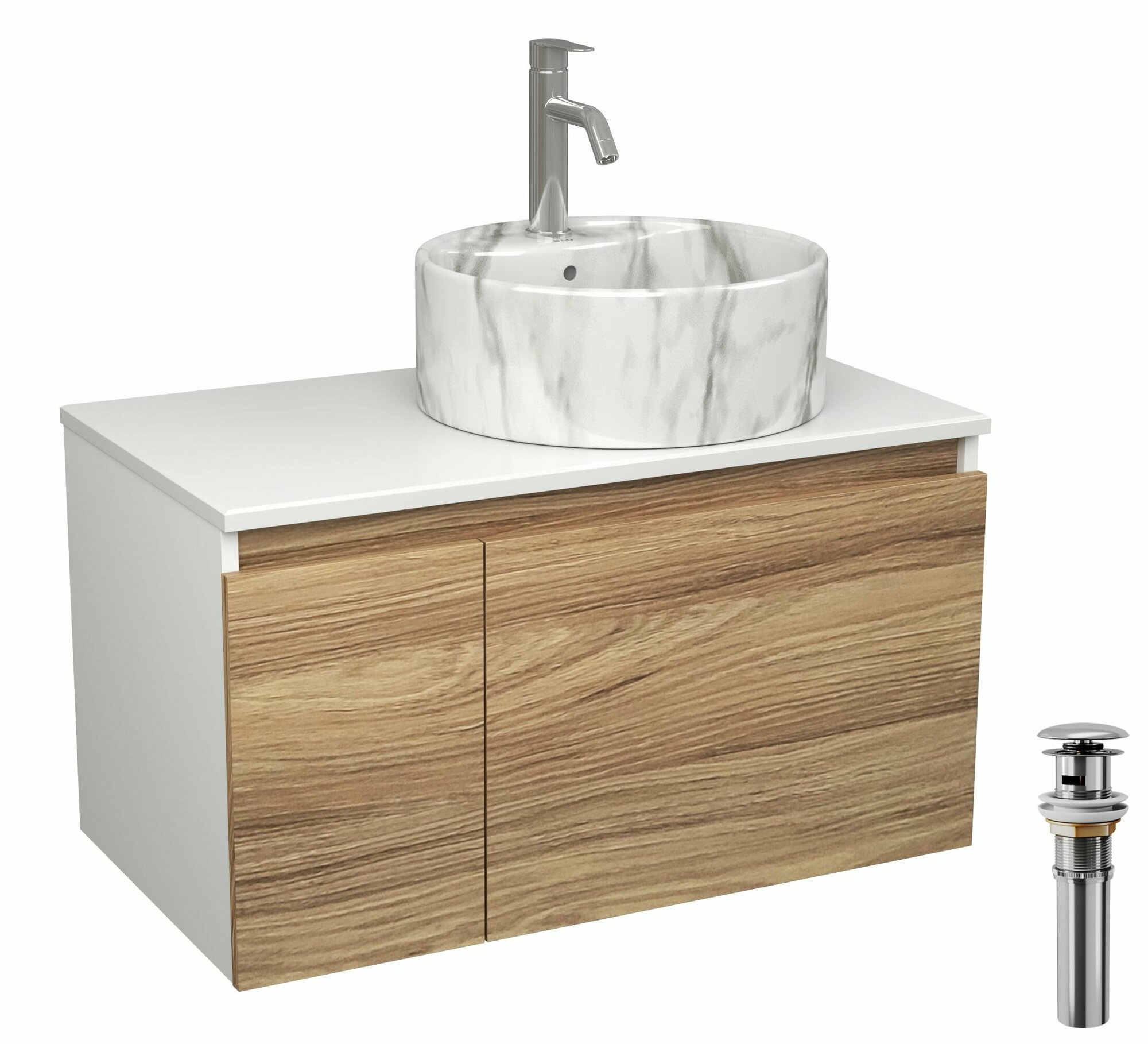 Комплект: тумба Bau Dream Blackwood 80, Раковина круглая накладная BAU Element D41, мрамор, смеситель Hotel Dream, нерж сталь, выпуск клик клак хром