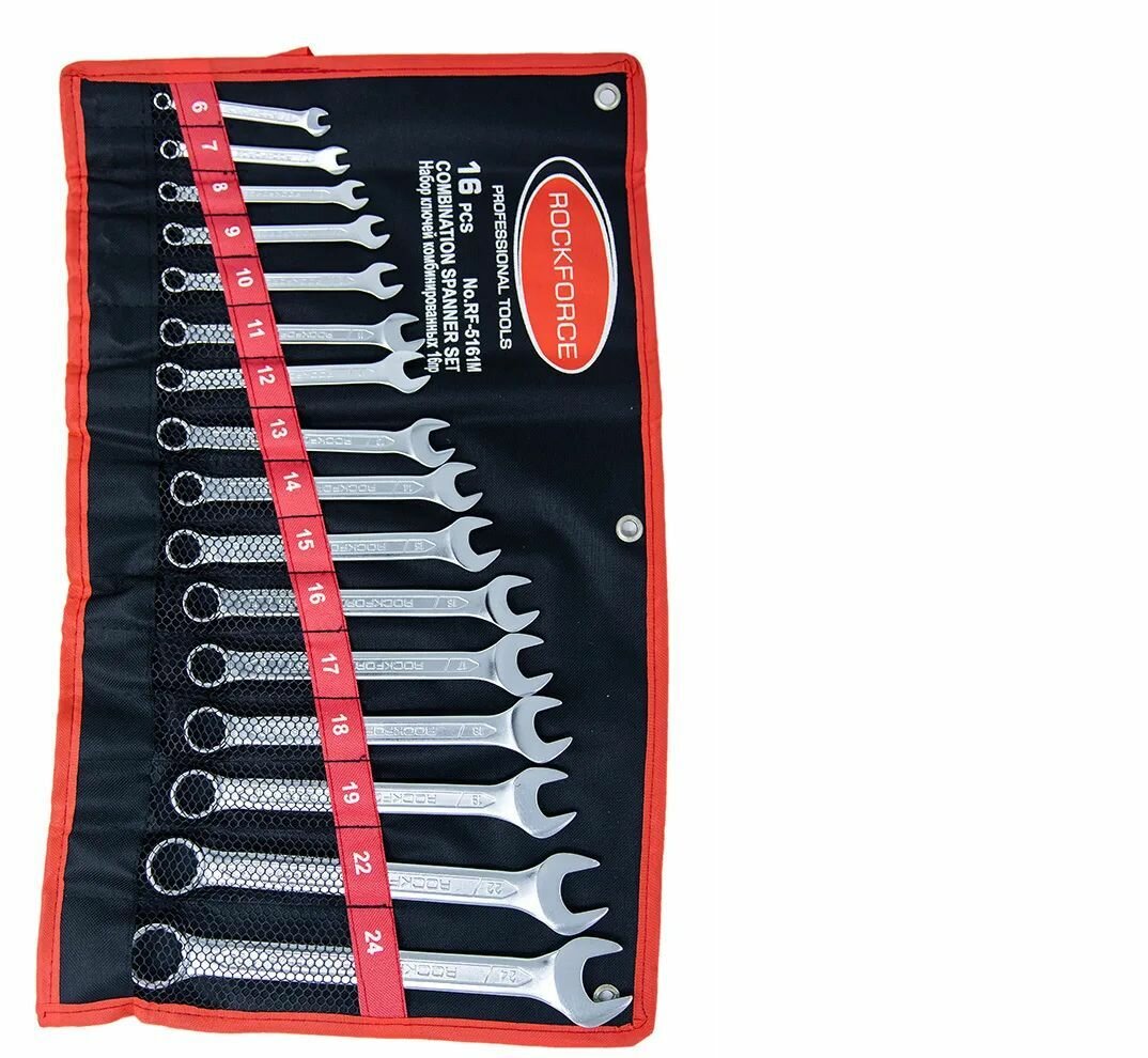 Набор ключей комбинированных RF-5161P: (стар. арт. RF-5161M) 16пр, (6-19,22, 24мм) на полотне ROCKFORCE