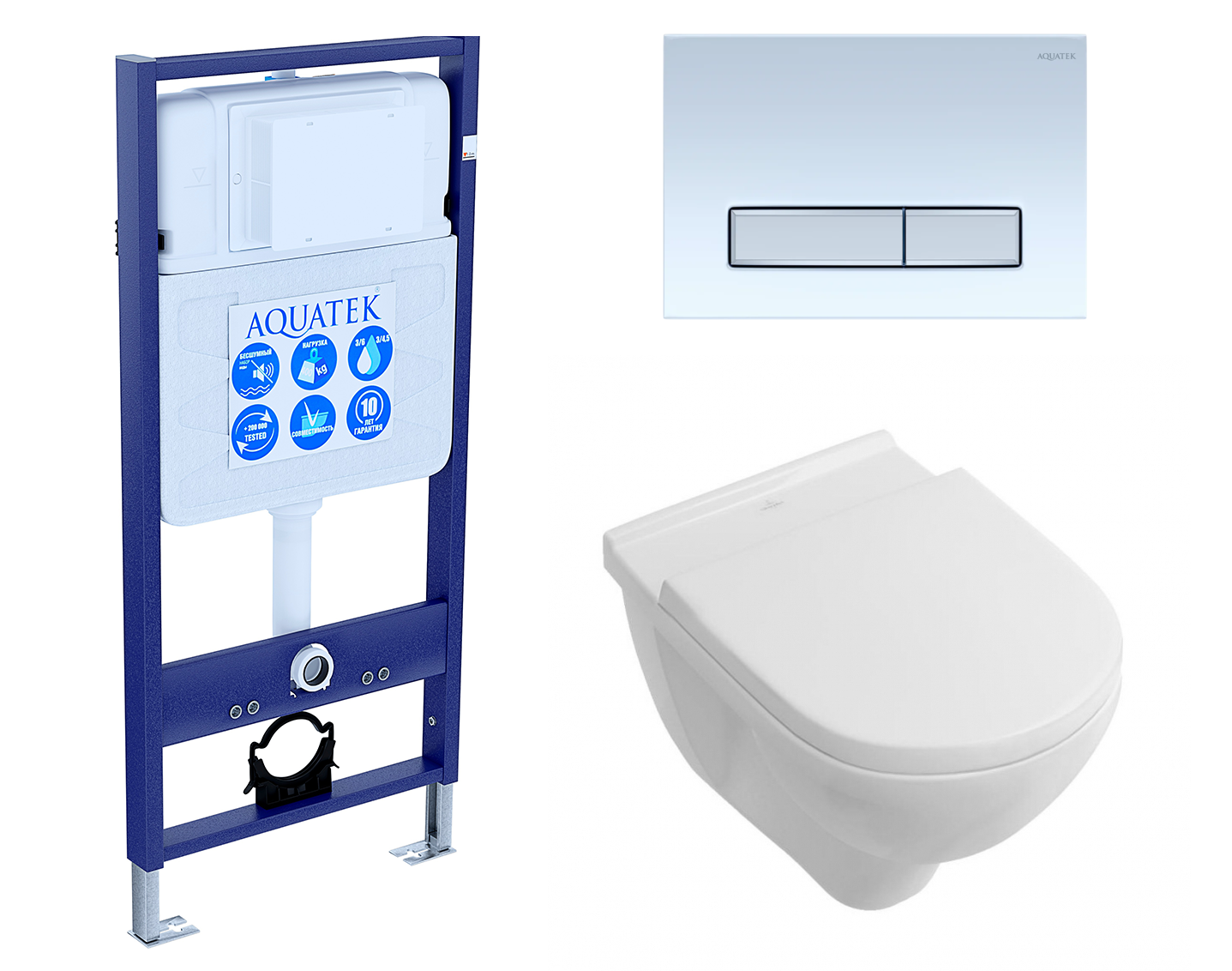 Комплект 3 в 1 инсталляция Акватек Standart 50 + Унитаз подвесной Villeroy & Boch O Novo Directflush с кнопкой белой хром INS-0000012 + 5660HR01 + KDI-0000030