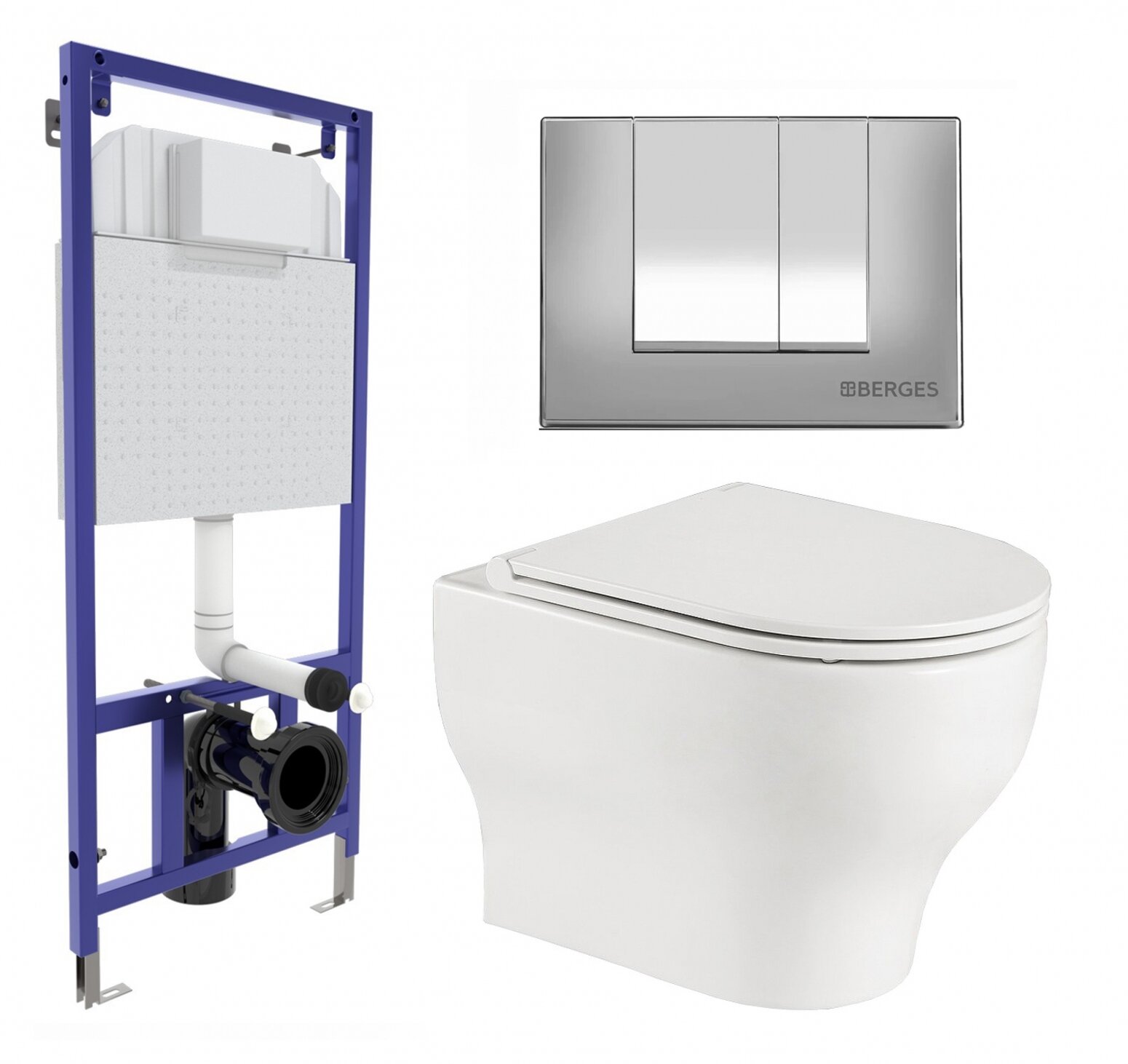 Комплект 3 в 1 инсталляция Berges Wasserhaus Novum 040242 + Подвесной унитаз WeltWasser Erlenbach 004 GL-WT + кнопка хром матовая